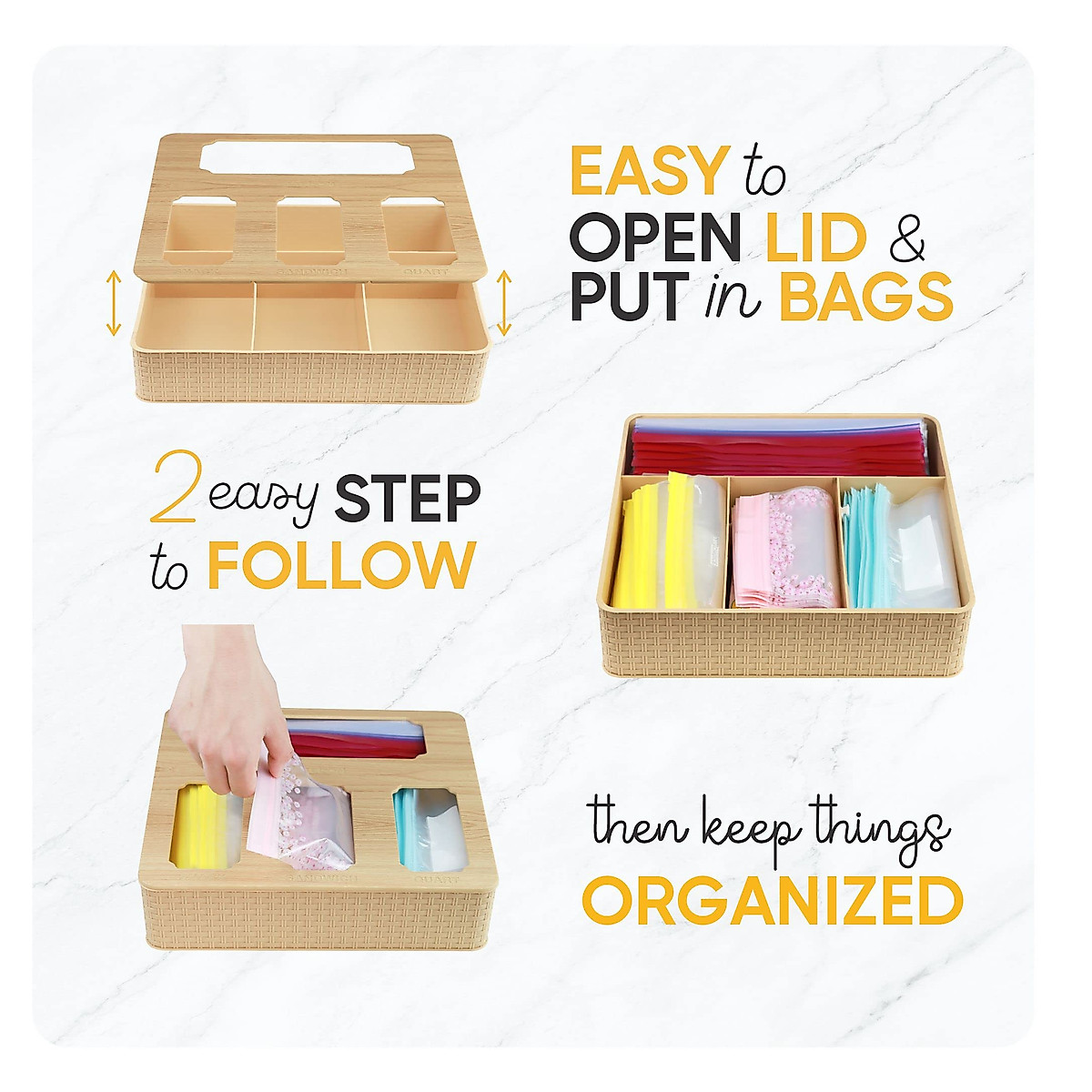 Ziplock Bag Storage Organizer and New plastic Dispenser Food Storage Baggie Holder Compatible with Most Brands Gallon, Quart, Sandwich, Candy and Snack Bags for Kitchen Drawer or Wall Mount