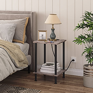 HOOBRO Side Table with Charging Station, End Table with USB Ports and Outlet, Nightstand with 2-Layer Storage Shelves for Small Spaces, Living Room, Bedroom, Stable Frame, Greige and Black BG09UBZ01