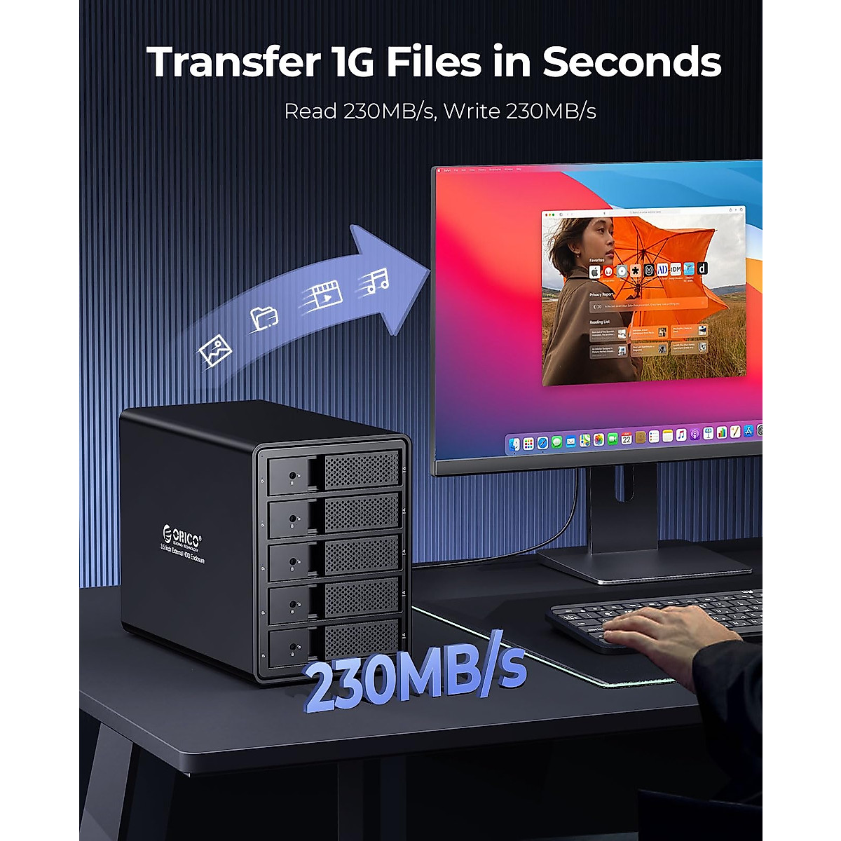 ORICO 5 Bay Raid Hard Drive Enclosure Aluminum USB 3.0 to SATA Hard Drive Tray Less Docking Station Max Up to 100TB Support RAID 0/1/3/5/10/JBOD Single Mode, Designed with Safety Lock-9558RU3