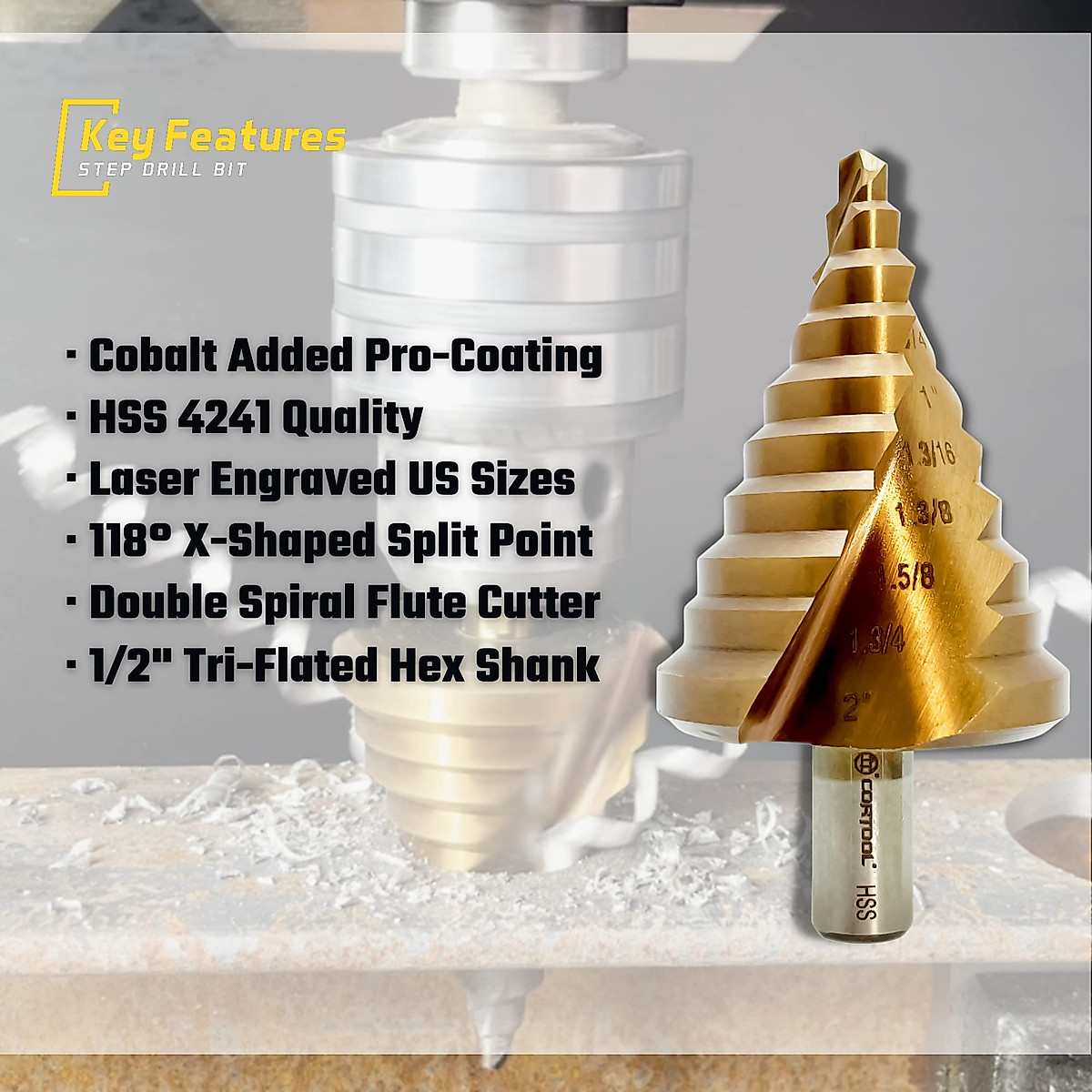 CORTOOL 2-Inch HSS Spiral Groove Step Drill Bit, 10 Sizes Cobalt Added High Speed Steel 1/4" to 2" Drill Bit for Sheet Aluminium Metal Wood, Big Multiple Hole Stepped Up Bit for DIY Lovers