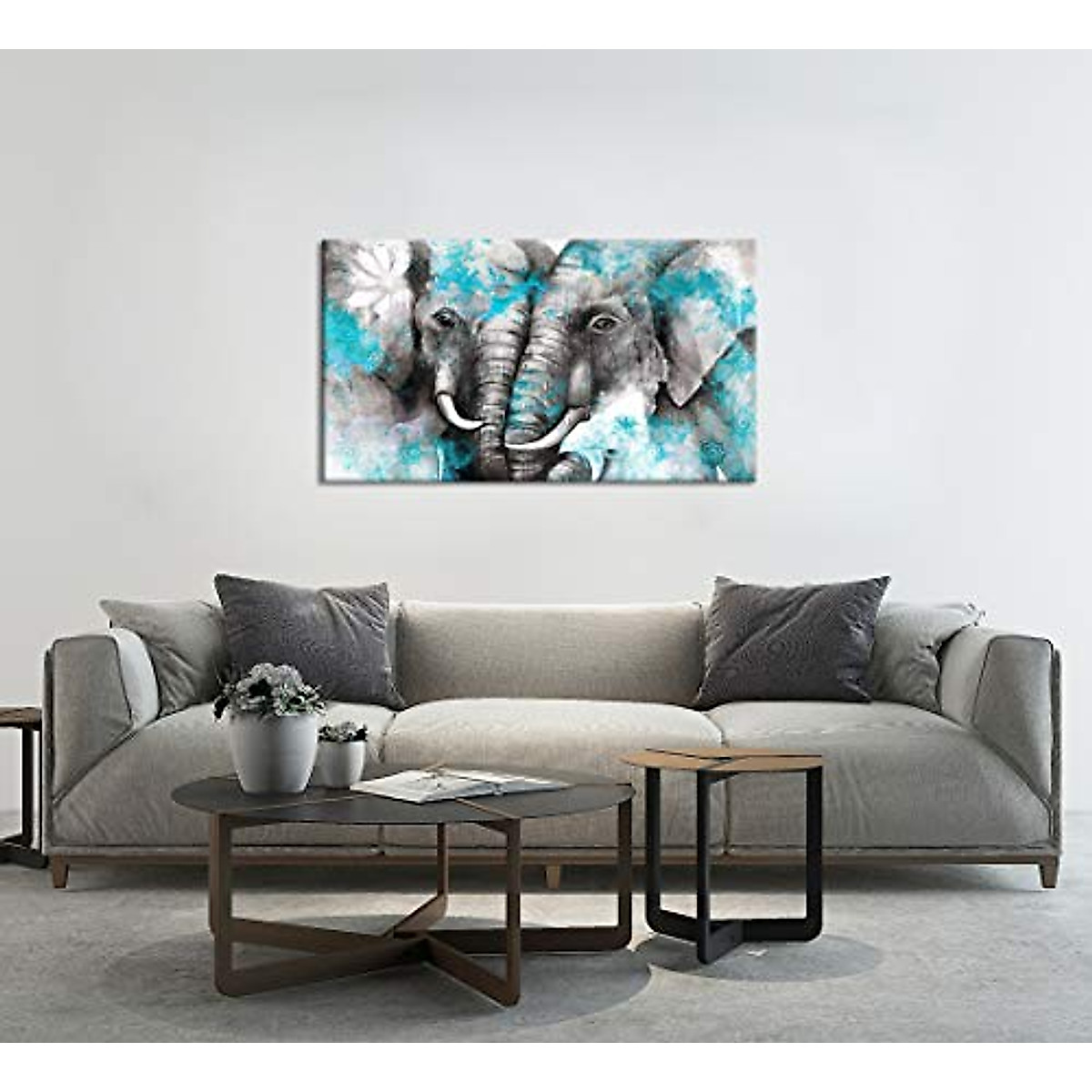 Zlove Large Animal Canvas Wall Art Elephant Couple in Love Boho Decor Mandala Elephant Grey and Teal Artwork for Bedroom Modern Home Decor Stretched and Framed Ready to Hang 20x36inch