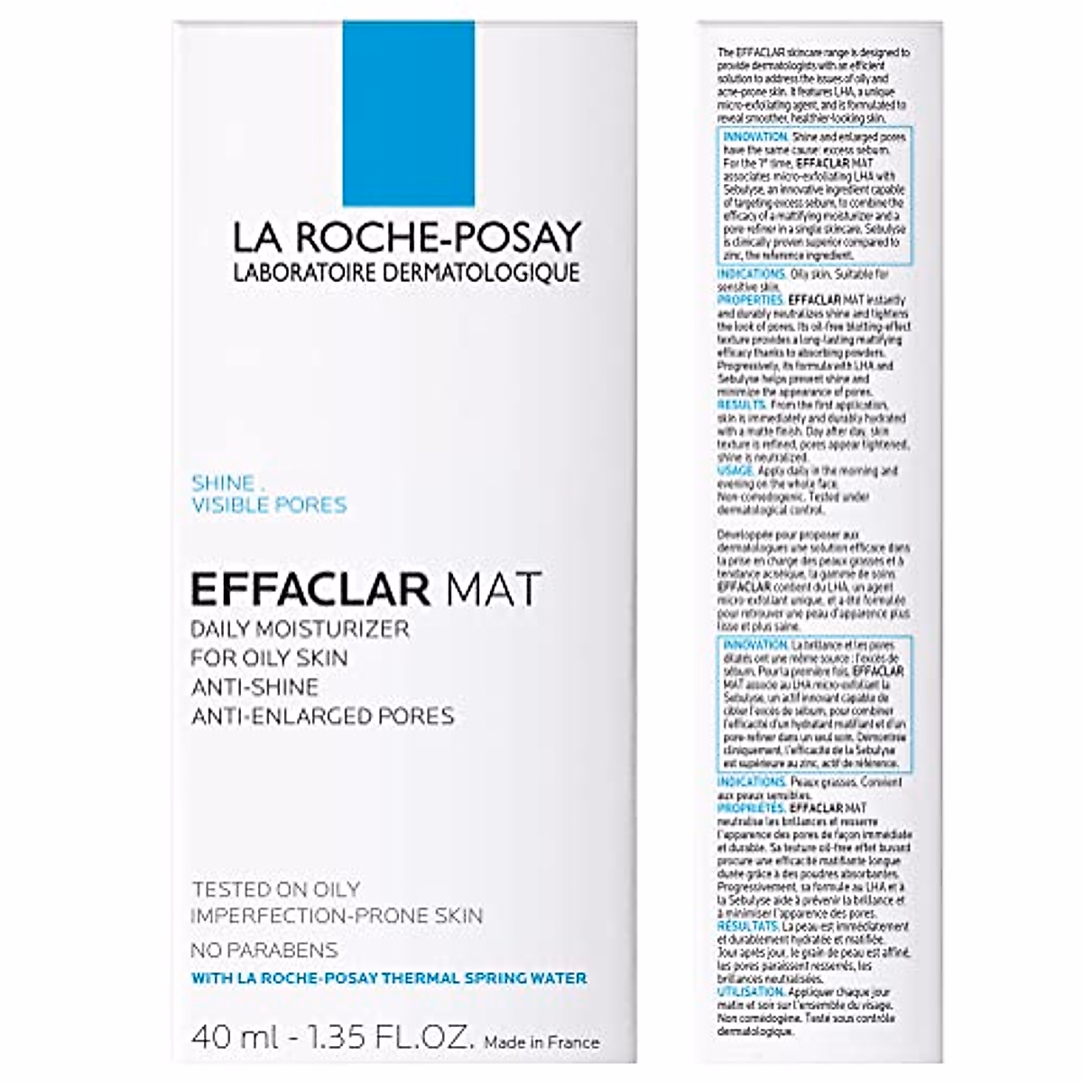La Roche-Posay Effaclar Mat Oil-Free Mattifying Moisturizer for Face, Facial Moisturizer For Oily Skin, to Reduce Oil and Minimize Pores, Moisturizing Shine Control for Sensitive Skin