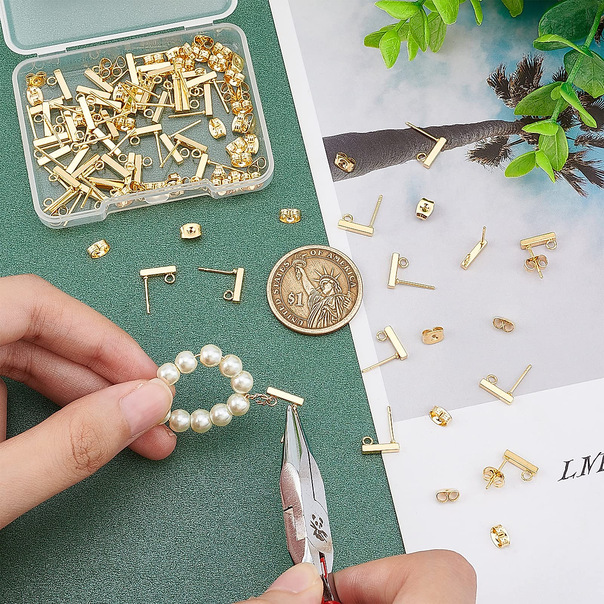 UNICRAFTALE 50pcs Rectangle Stud Earring Settings Stainless Steel Ear Stud with Loop and Ear Nuts 0.8mm Pin Earring Finding for DIY Jewelry Making