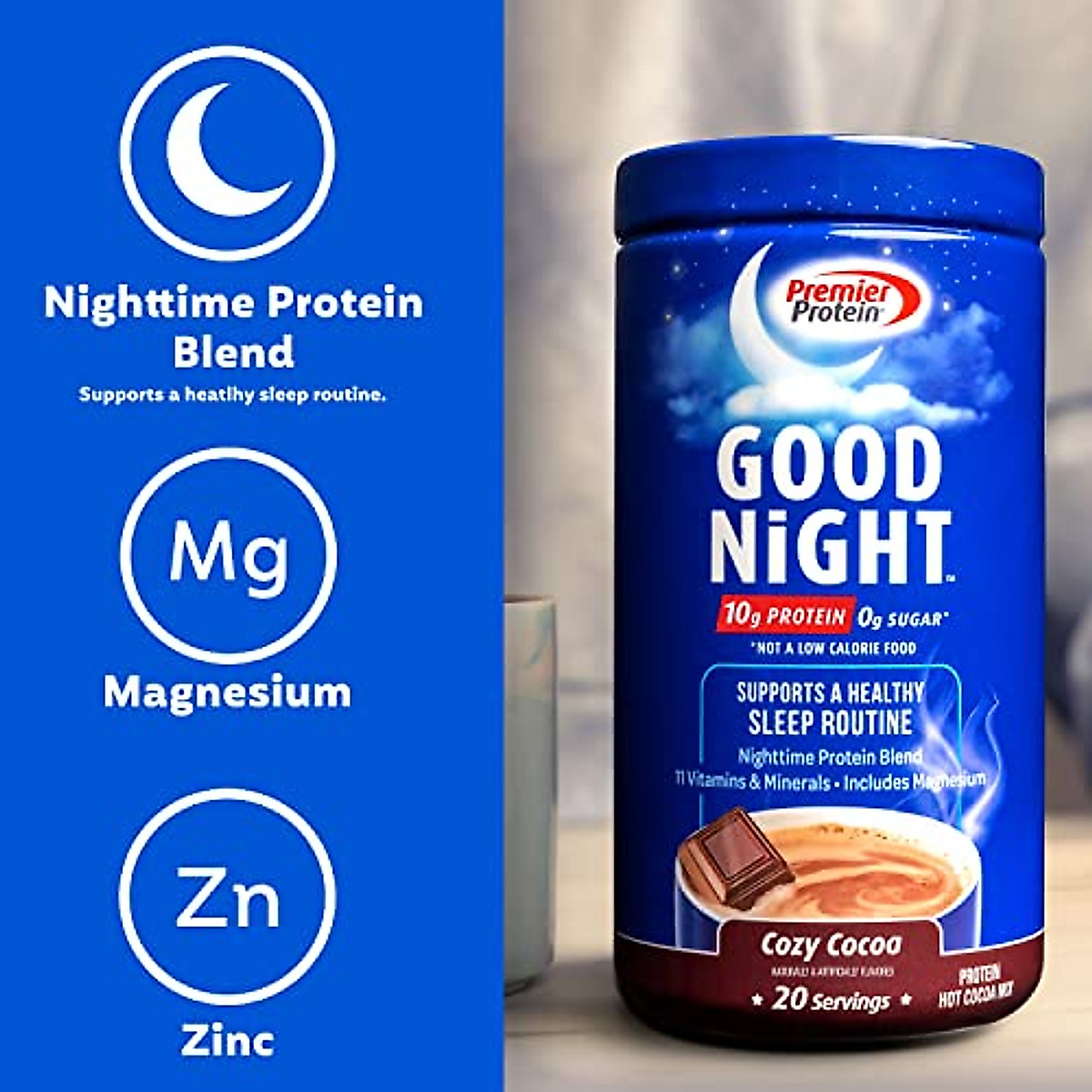 Premier Protein Good Night Protein Powder, Hot Cocoa Mix, 10g Protein, 0g Sugar, 11 Vitamins & Minerals, Nighttime Protein Blend, Magnesium, Zinc, 20 Serve, 1 Tub