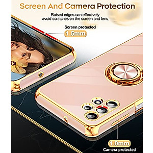 LeYi for Samsung Galaxy A32 5G Case with Tempered Glass Screen Protector [2 Pack] 360° Rotatable Ring Holder Magnetic Kickstand, Plating Rose Gold Edge Protective Case, Pink