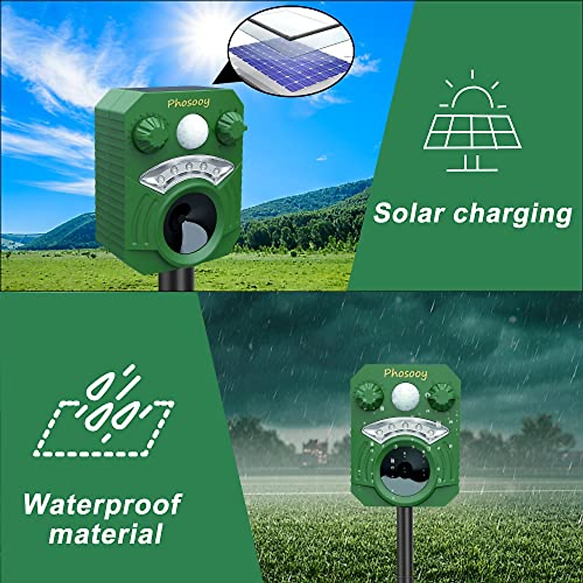 Phosooy Ultrasonic Animal Repeller, 2 Packs Waterproof Solar Animal Deterrent Device Motion Activated to Repel Cats, Dogs, Squirrel, Rats, Skunks, Raccoons & Deer