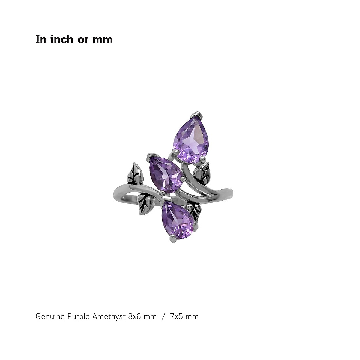 Silvershake 2.33ct. 3 Stone Natural Amethyst 925 Sterling Silver Bypass Leaf Ring Size 6.5