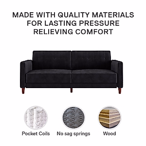 DHP Ivana 82 Inch Futon Sofa Bed in Velvet Fabric, Upholstered Couch Sleeper with Tufted Back, Mid-Century Modern, Black