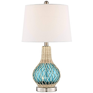 360 Lighting Alana Coastal Accent Table Lamp with Nightlight LED 22.75" High Rope Blue Glass Gourd White Fabric Drum Shade Decor for Living Room Bedroom Beach House Bedside Nightstand Home