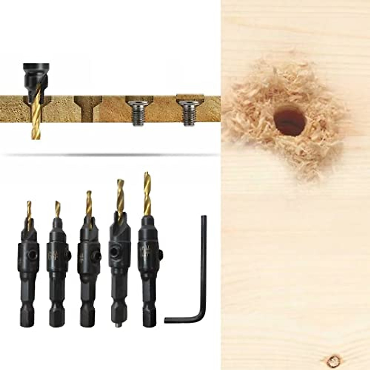 GRABOTE 5Pcs Countersink Drill Bit Set 1/4'' Hex Shank HSS Woodworking Pilot Screw Holes 5 Sizes (#5, 6, 8, 10, 12) with Hex Key