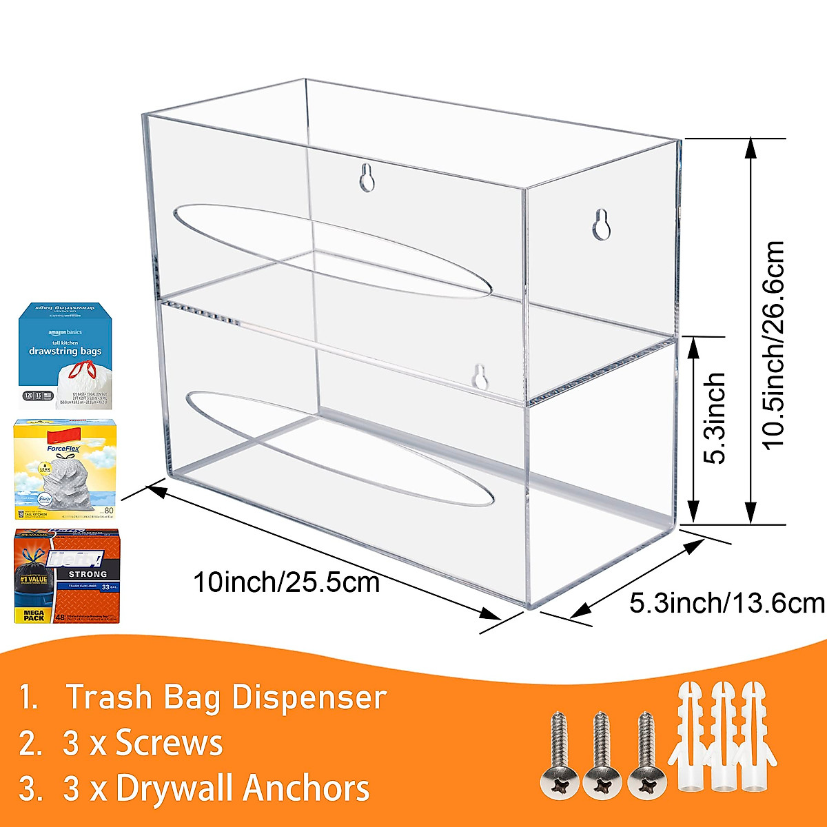 SEANADO Trash Bag Dispenser Holder, 2 Compartment Wall Mount Acrylic Kitchen Double Side Loaded Organizer Storage Box Holder for Garbage Bag Grocery Bag Plastic Bag(10 x 4.7X 8inches)