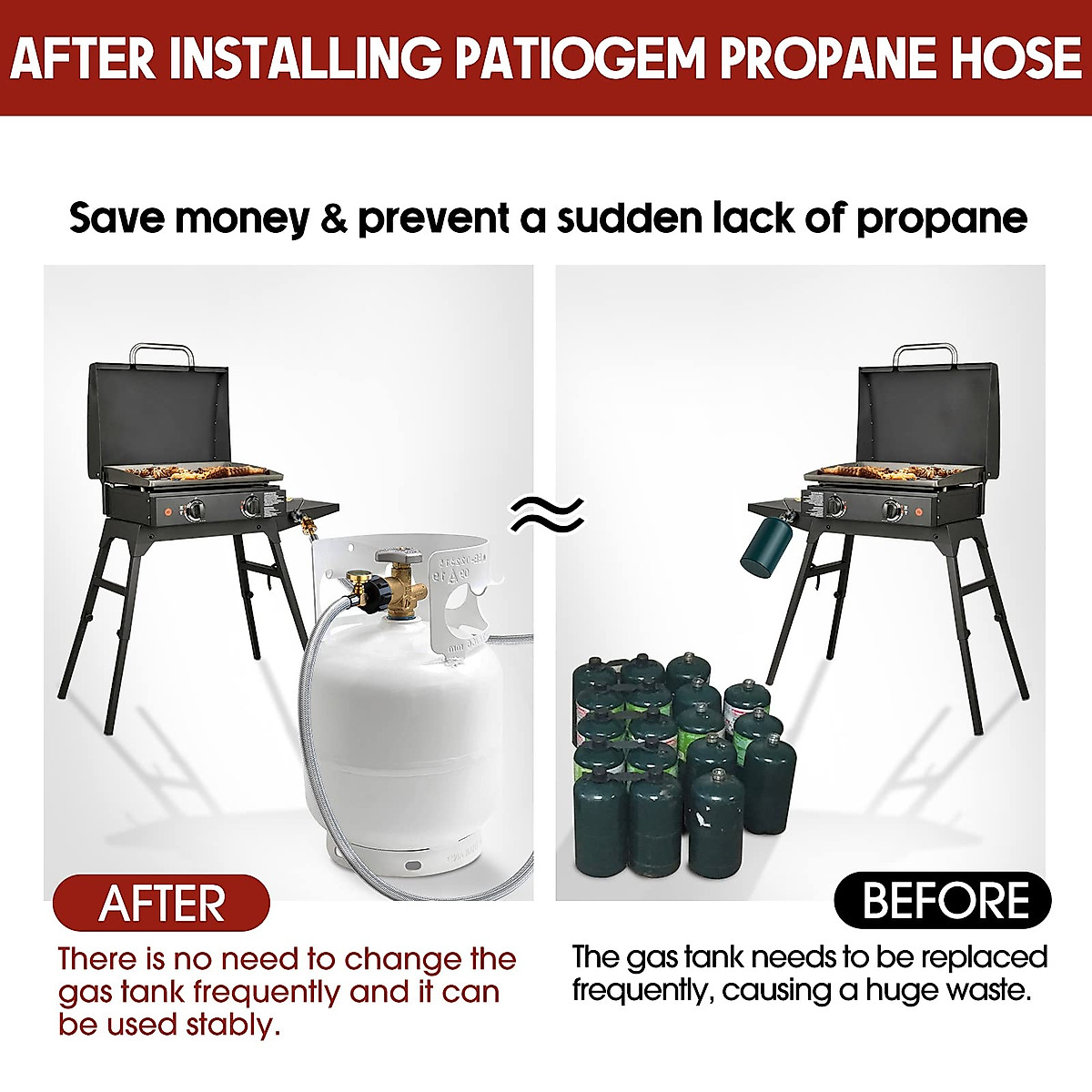 PatioGem Pros 6 Feet Propane Hose Adapter 1lb to 20lb, Propane Tank Adapter, 1lb to 20lb Propane Tank Adapter, Propane Hose Adapter 1lb to 20lb, Propane Hose Adapter