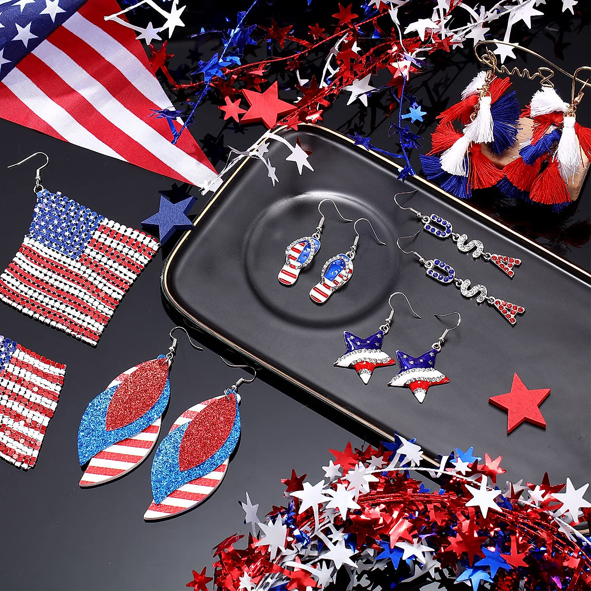 6 Pairs American Flag Earrings Independence Day Earrings Patriotic Earrings Set Red White Blue American USA Flag Earrings 4 of July Teardrop Tassel Rhinestone Drop Earrings Gift for Women