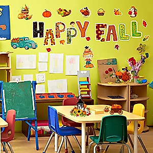 56 PCS Happy Fall Cut-Outs Pumpkin Maple Leaves Cut Outs Turkey Corn Sunflower Cutouts with 100 Glue Point, Autumn Paper Decoration for Fall Thanksgiving Theme Classroom Bulletin Board Wall Decor