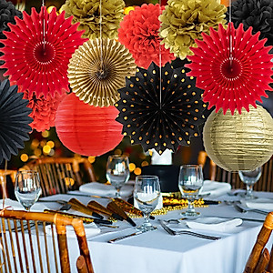 Red Black Gold Party Decorations Casino Theme Graduation Tissue Pom Poms Streamers Paper Lanterns Hanging Paper Fans Game Night Women Men Birthday Wedding Baby Shower Bachelorette Party Decoration