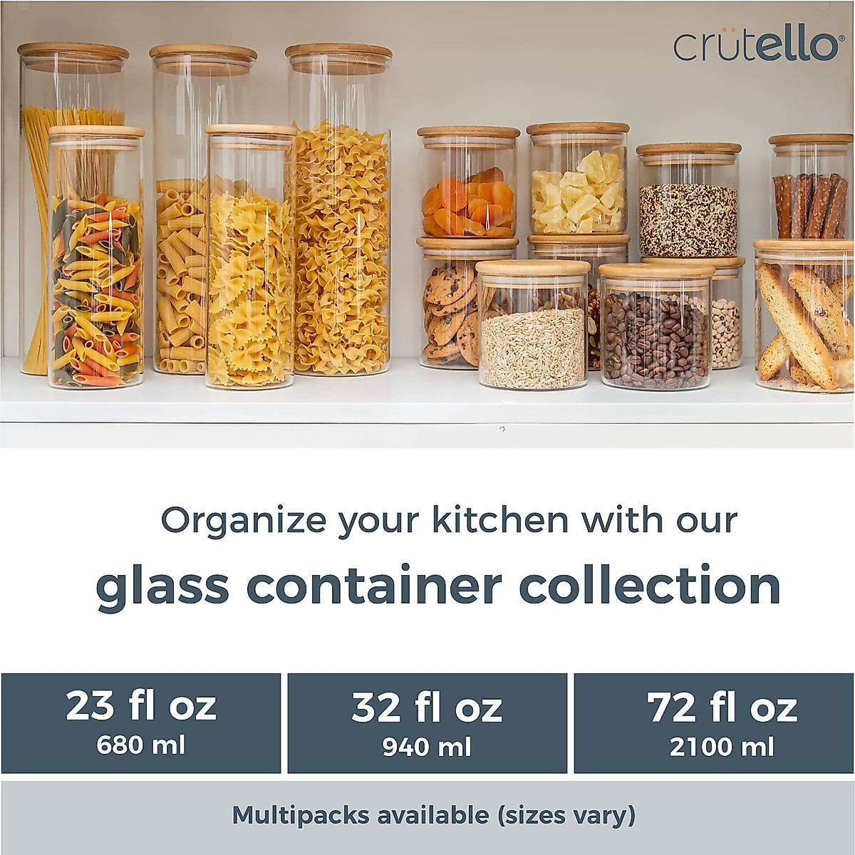 Crutello Glass Food Storage Containers with Bamboo Lids, 3 Pack - 72 Fluid oz Airtight Clear Kitchen Organization Canisters - A Family-Owned American Brand