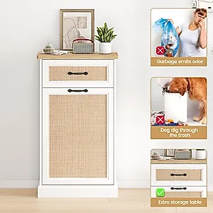 GAOMON Tilt Out Trash Cabinet with Natural Rattan, Freestanding Trash Cabinet 10 Gallon for Kitchen Dining Living Room, Hidden Garbage Bin Cabinet Storage Holder