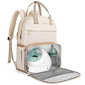 Mancro Breast Pump Bag Backpack with Insulated Pockets, Pumping Bag for Working Mom, Breast Pump Travel Bag fits for Spectra S1, S2, Medela, Large Diaper Bag Backpack with USB Charging Port, Beige