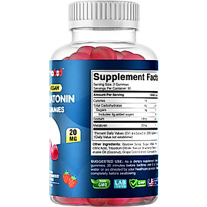 Vitabod Melatonin 20mg Gummies - 180 Count - Drug Free - Natural Strawberry Flavor - Vegetarian, Non-GMO, Gluten Free (1 Bottles)
