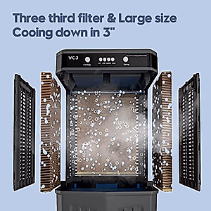 VCJ Portable Evaporative Air Cooler, 3 in 1 Cooling Fan with 6 Ice Crystal Boxes, Large Water Tank and Casters, 3-Mode 3-Speed Air Swamp Cooler for Room Home Office