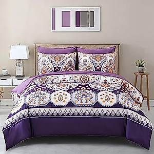 DJY Purple Comforter Set Queen, 7 Piece Bed in a Bag Boho Paisley Floral Comforter Set with Sheets Soft Microfiber Complete Bedding Set for All Season