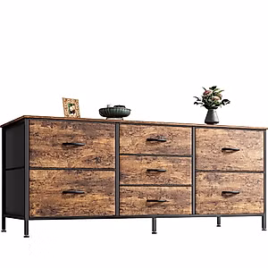 Huuger Dresser with 7 Drawers, 47 Inch Dresser TV Stand for 43, 50, 55 Inch TV, Wide Fabric Dresser Chest of Drawers, Metal Frame, Storage Dresser for Bedroom, Nursery, Clothing, Rustic Brown