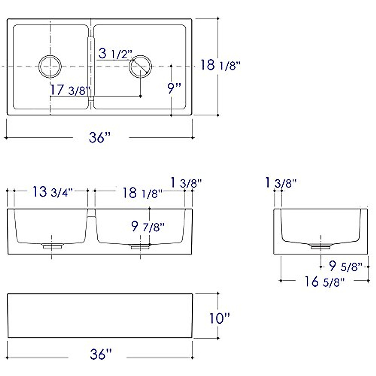 ALFI brand AB3618DB-W Smooth Thick Wall Fireclay Double Bowl Farm Sink, 36", White