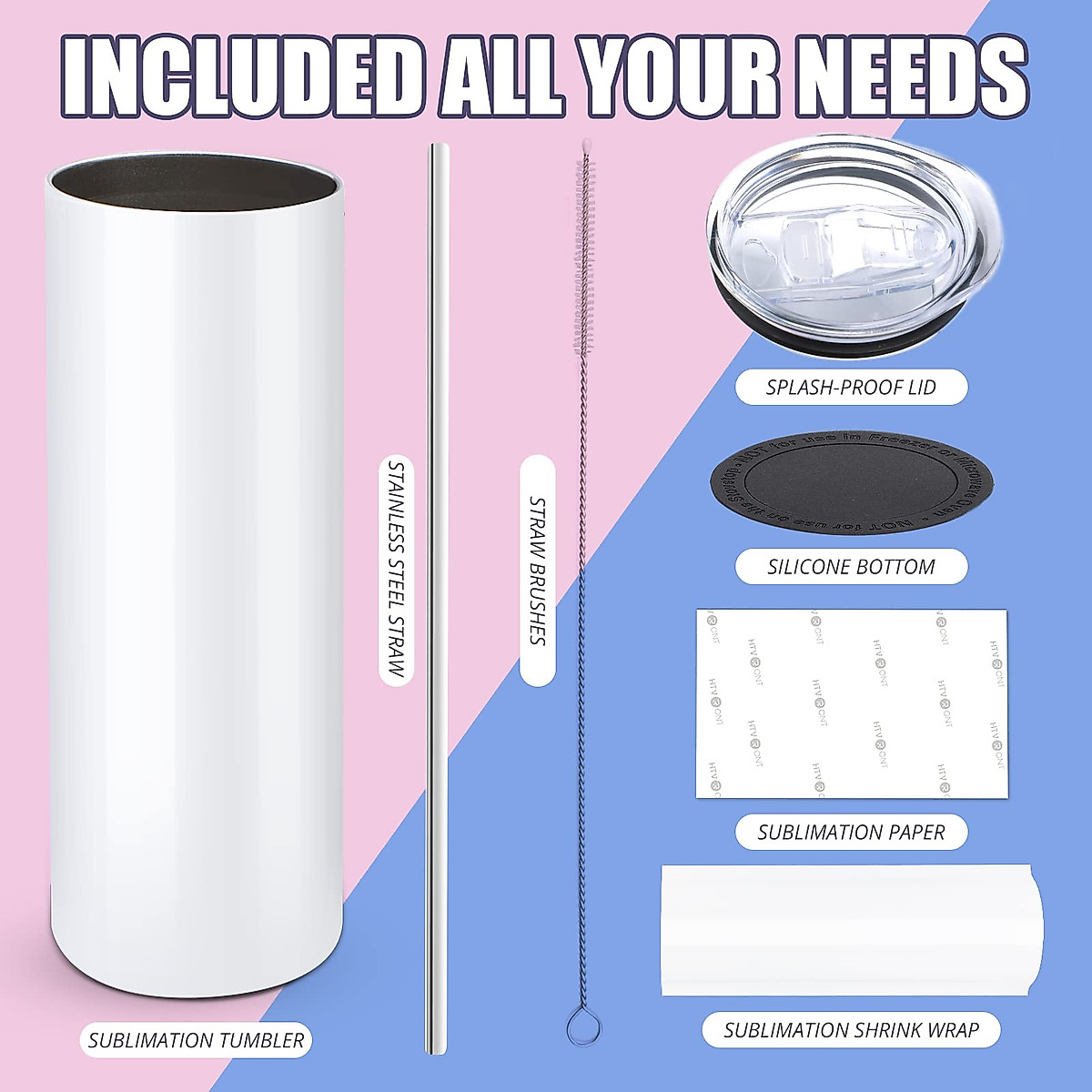 HTVRONT 8 Pack Sublimation Tumblers - Sublimation Blanks Tumbler 20 OZ Skinny - Stainless Steel Sublimation Tumblers with Box, Paper and Straw