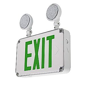 LFI Lights | Wet Location Rated Combo Green Exit Sign with Emergency Lights | White Housing | All LED | Two Adjustable Round Heads | Hardwired with Battery Backup | UL Listed | WLTCOMBO-G
