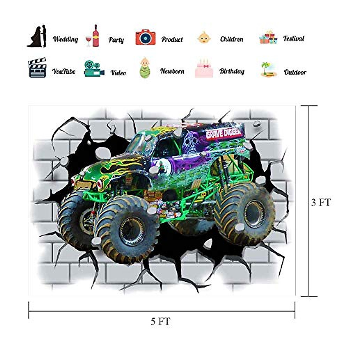 EOA 5(W) x3(H) FT Monster Car Truck Photography Backdrop Racing Cars Kids Birthday Background Big Wheels Banner Studio Props