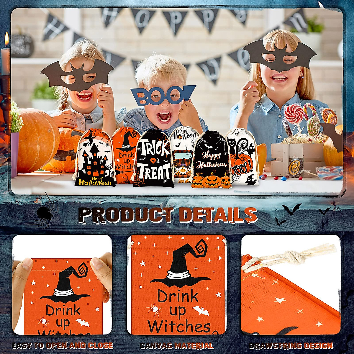 24 Pieces Halloween Party Favor Bag with Drawstring 4 x 6 Inch Canvas Treat Bag Halloween Candy Bag Goodie Bags for Birthday Halloween Party Supplies, 6 Styles