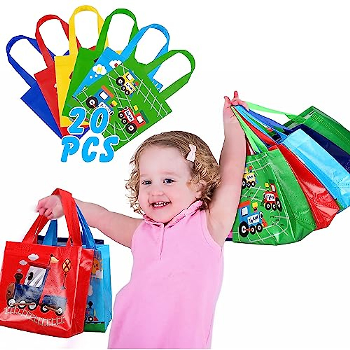 Pinkunn 20 Pieces Reusable Mini Train Party Tote Bags 6 Designs Gift Reusable Bags with Long Handles Gift Bag Goodie Treat Bags with Handles Party Favor