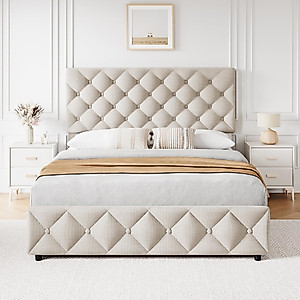 IDEALHOUSE Queen Size Bed Frame with 4 Storage Drawers, Linen Upholstered Platform Bed Frame with Adjustable Headboard, Diamond Stitched Button Tufted, No Box Spring Needed, Off White