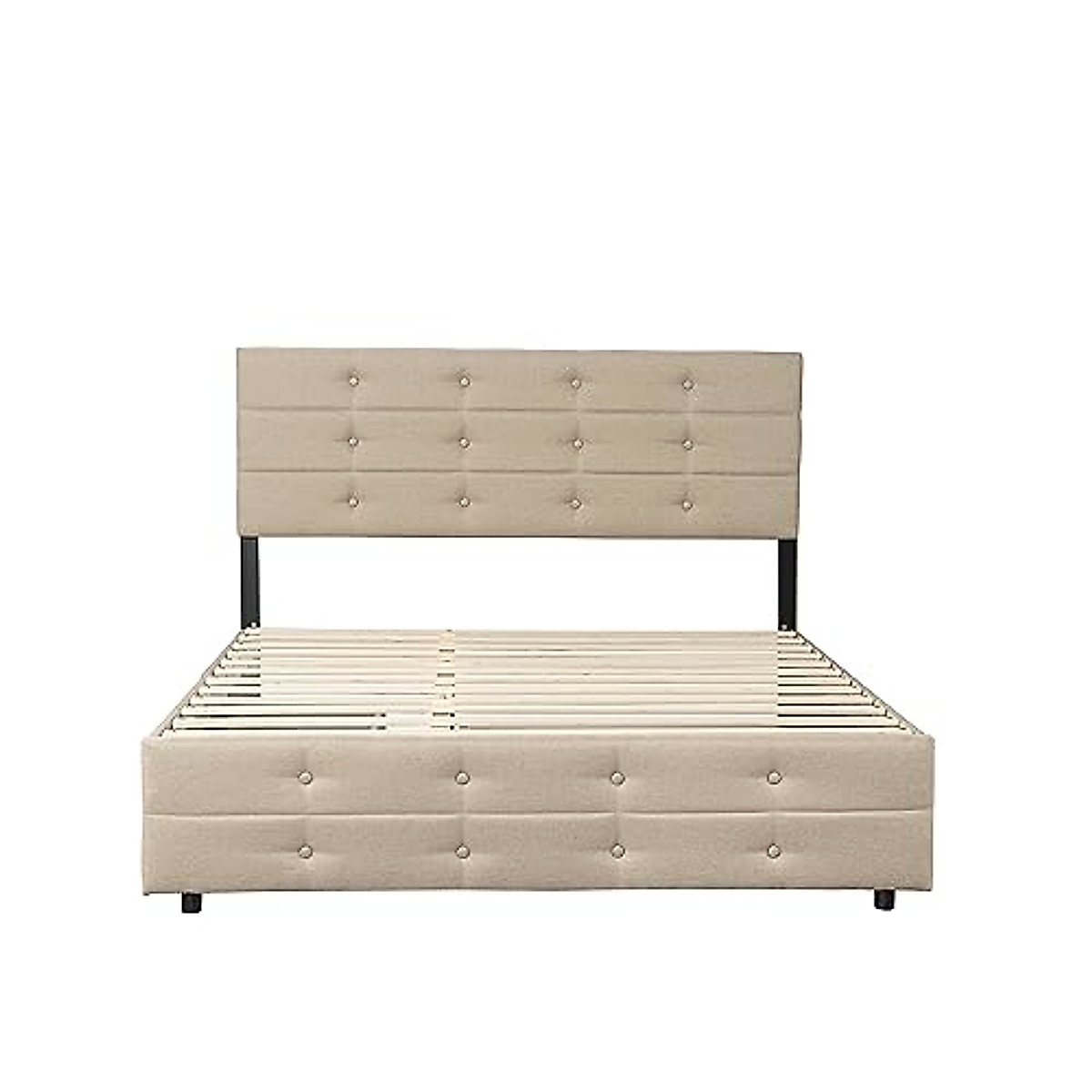 HAUSHECK Queen Size Upholstered Platform Bed with Trundle & Two Drawers - Trundle with 4 Wheels, Wooden Slats Support, Modern Linen Fabric Bed Frames No Box Spring Needed for Kids, Teen & Adults