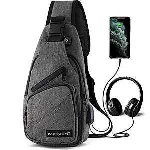 INNOSCENT Smell Proof Sling Bag Backpack - COMBINATION LOCK - Shoulder Crossbody Bag With USB/Headphone Charging Port Black (Light Grey)