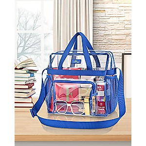 Clear Tote Bag Stadium Approved 12×12×6, Clear Lunch Bag with Front Pockets, Clear Tote Bag for Festival, Concerts, Sports Events-Blue