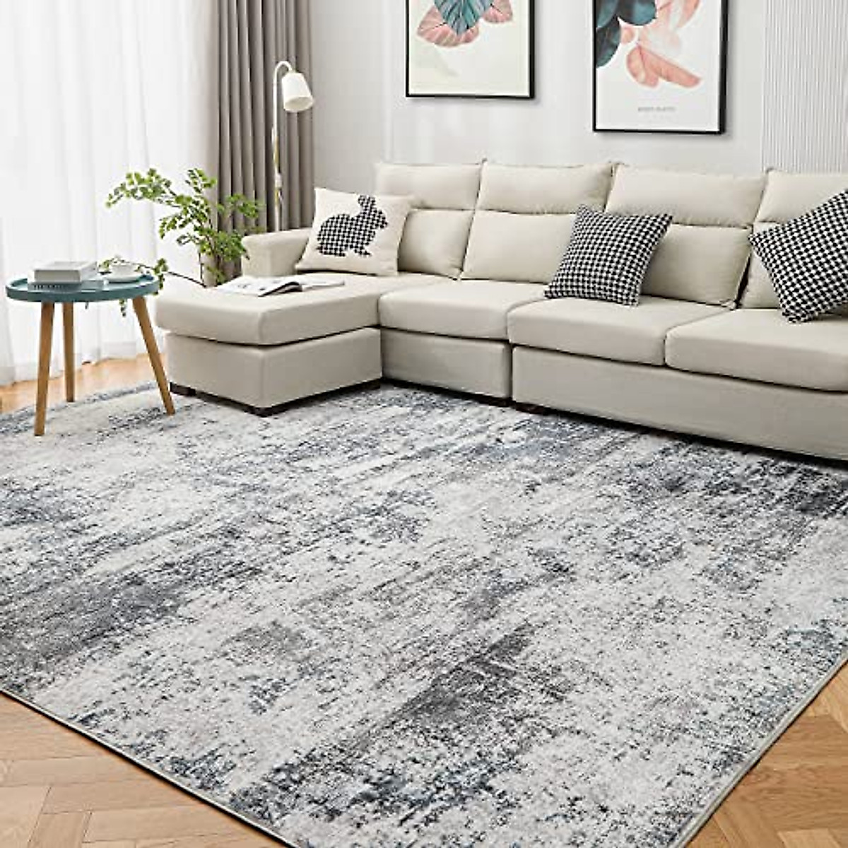 Area Rug Living Room Carpet Bedroom: 8x10 Indoor Abstract Soft Fluffy Pile Large Rugs with Low Shaggy for Bedroom Dining Room Home Office Decor Under Kitchen Table Washable Blue/Gray
