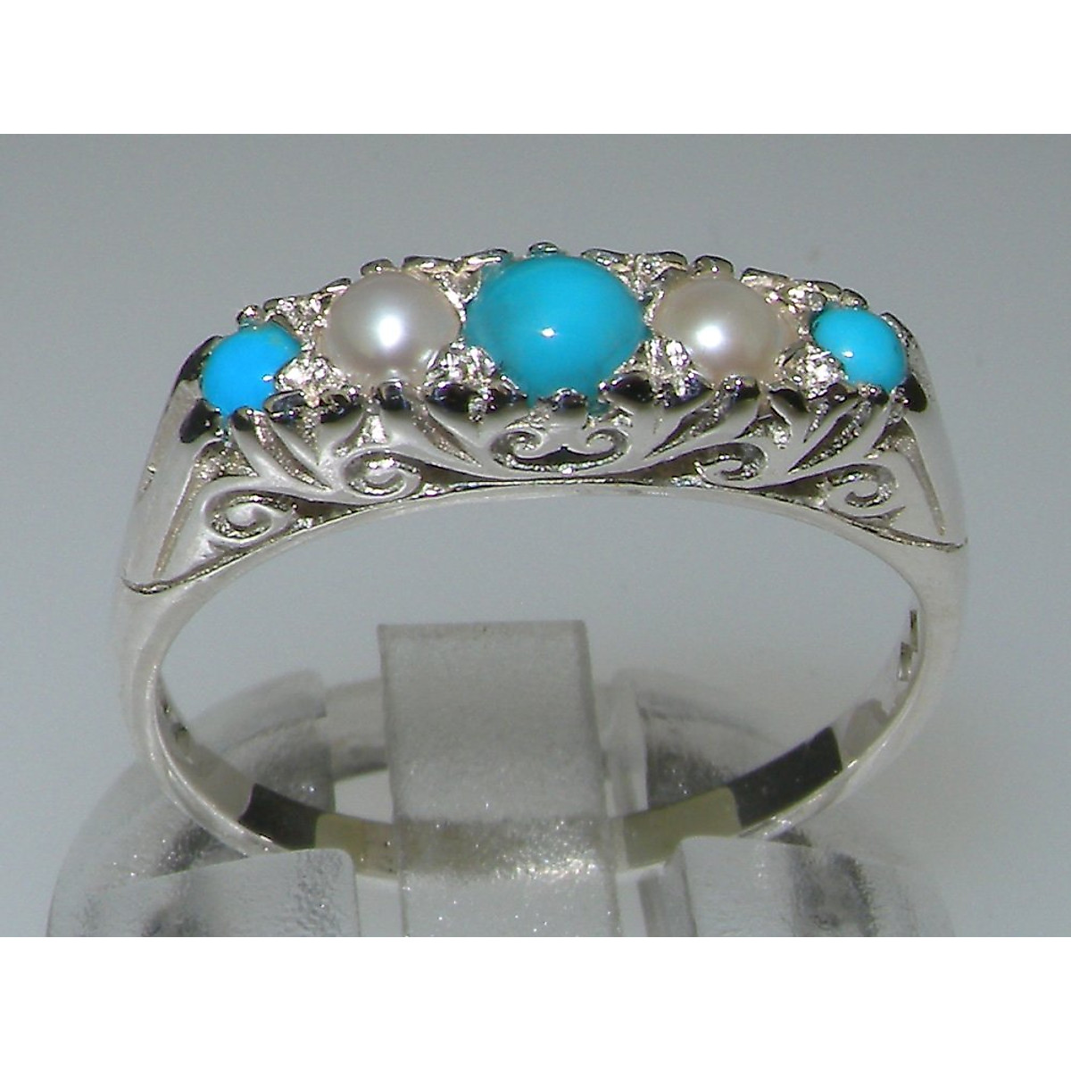 925 Sterling Silver Natural Turquoise and Cultured Pearl Womens Band Ring - Size 7.75