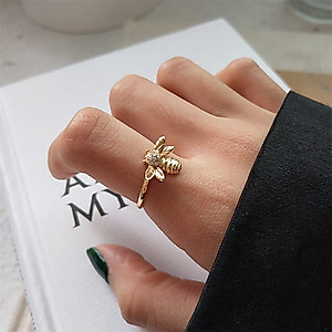 CZ Bee 925 Sterling Silver Ring for Women 14K Gold Plated Cubic Zirconia Crystal Texture Animal Honeybee Statement Open Band Rings Comfort Fit Adjustable Expandable Finger Jewelry Dainty