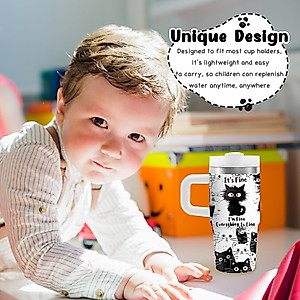 Cat Lover Gifts, Black Cat Tumbler with Handle and Straw for Kids, Birthday Gift for Cat Lovers Girls, 14 oz Stainless Steel Travel Mug for Toddlers, It's Fine I'm Fine Everything Is Fine Cat Mug
