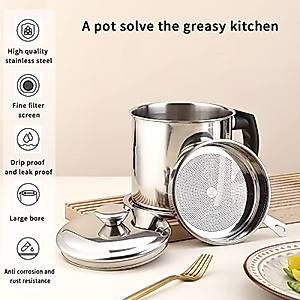 Kyraton Bacon Grease Container With Strainer, 48 oz Stainless Steel Oil Container, Pot Fat Storage With Lid, Easy Grip Handle Suitable For Storing Frying Oil And Cooking Grease