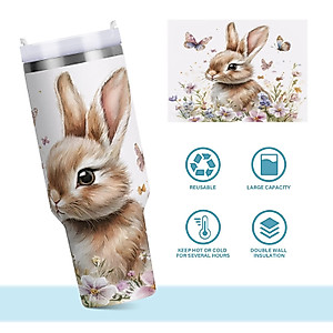 Msyxl 30 oz Insulated Stainless Steel Tumbler with Handle and Straw Lid - Leak-proof Coffee Mug for Men Women, Travel Mug Fits Cup Holder (Easter Bunny)