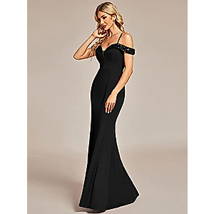 Ever-Pretty Women's Sexy Bodycon Deep V Neck Backless Off Shoulder Sequin Summer Formal Dresses Black US10