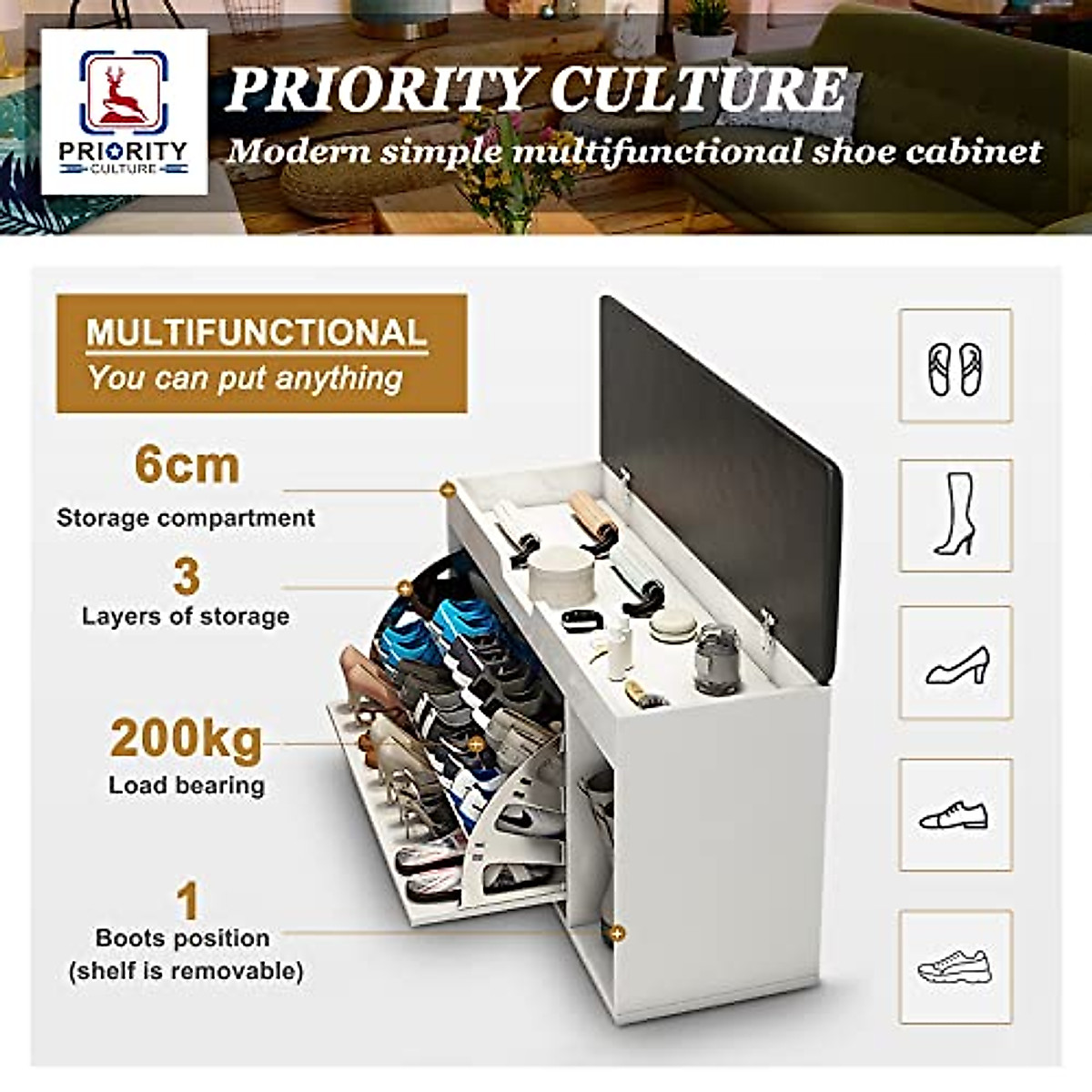 Priority Culture Shoe Rack Bench with Storage and Cushion, Shoe Rack Bench Tipping Bucket Shoe Cabinet, Leather Entryway Shoe Bench Seat Shoe Organizer Shoe Cabinet, No Installation Required