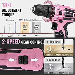 WORKPRO Pink Tool Set with Power Drill, 108PCS Portable Ladies Pink Drill Kit for Home with Toolbox including Pink Hammer, 1.5 Ah Cordless Hand Drills with Keyless Chuck and Variable Speed Trigger