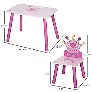 Qaba 3-Piece Kids Wooden Table and Chair Set with Crown Pattern Gift for Girls Toddlers Arts Reading Writing Age 2-4 Years Pink
