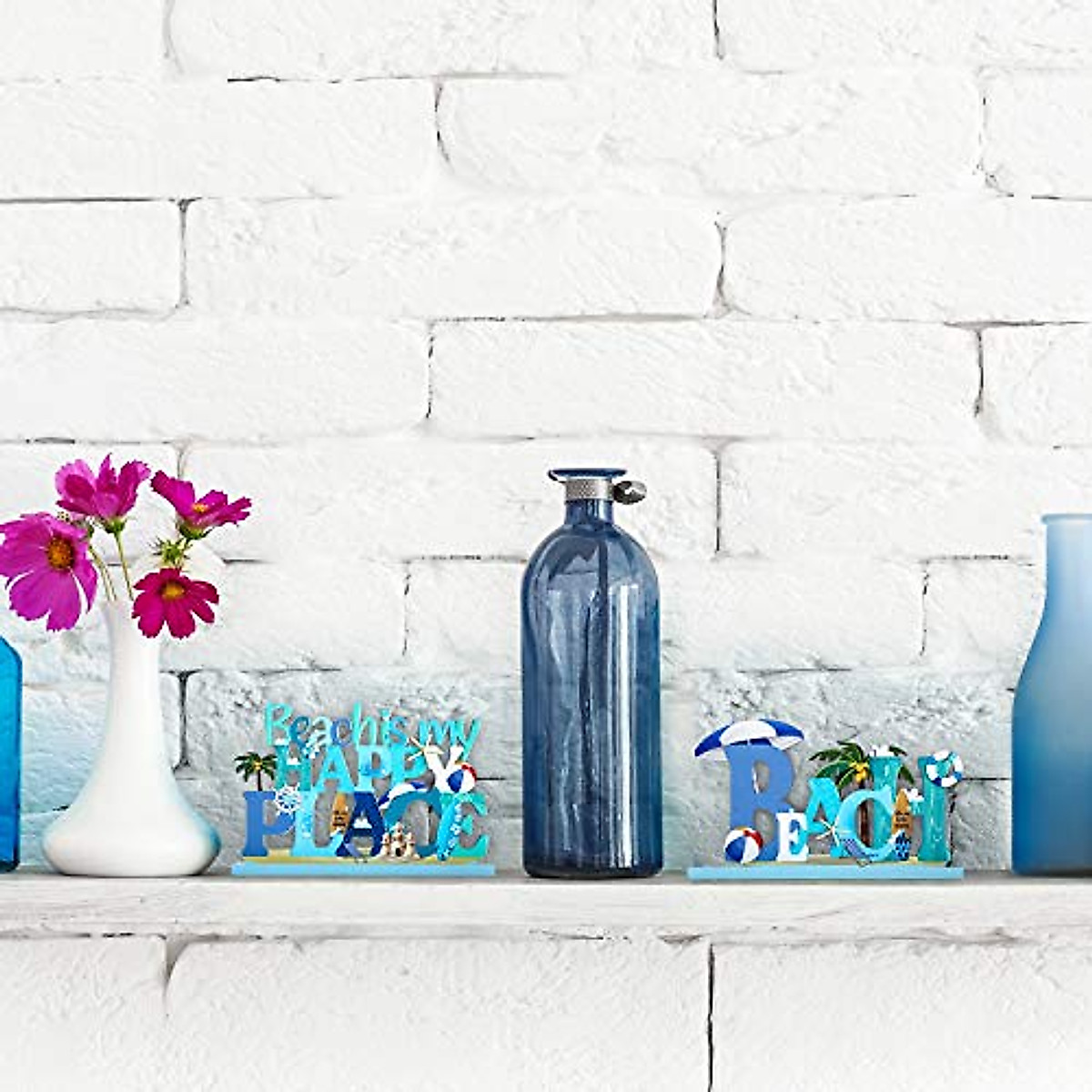 2 Pcs Beach Sign Ocean Sea Animal Party Decor Beach is My Happy Place Plaque Sign Wooden Table Decorations for Coastal Theme Interior Beach House Home Beach Bathroom Decor, 7.87 x 4.72 Inch