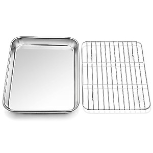 P&P CHEF Toaster Oven Tray and Rack Set, Stainless Steel Baking Pan with Cooling Rack, Fit Your Small Oven & Single Person Use, Non Toxic & Easy Clean