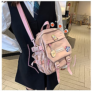 PEXIZUAN kawaii backpack girl school bag waterproof nylon with kawaii pendant cute pin mini backpack(pink)