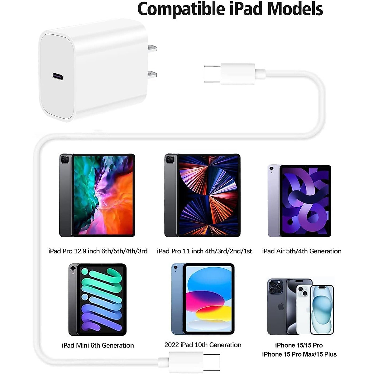 iPad Charger Fast Charging 10FT, 2Pack 20W USB C Wall Charger with 10ft USB C Charging Cord for iPad Pro 13/12.9/11 inch, iPad Air 13/11 inch 5/4th, iPad 10th Generation